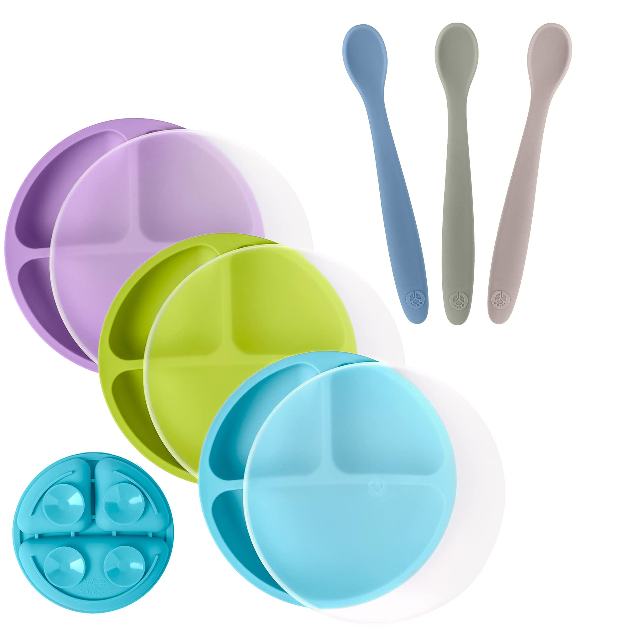 Green, Purple, & Blue Silicone Suction Plates + Lids Bundle With Stage 1 Silicone Spoons