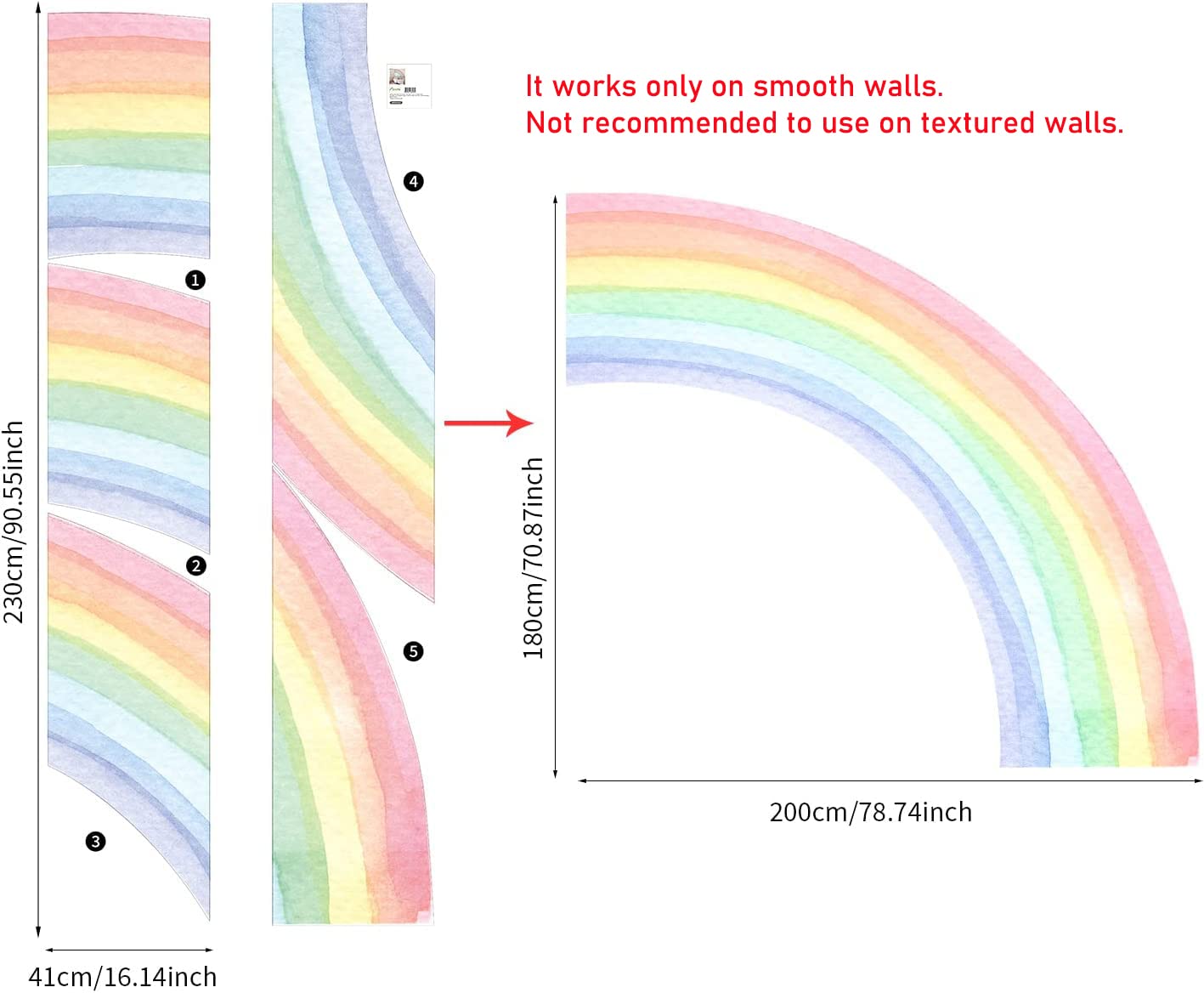 funlife Fabric Peel and Stick Large Rainbow Wall Mural Stickers for Girls, Precut Pastel Half Watercolor Rainbow Wall Sticker Decals for Kids Bedroom Living Room Playroom, 78.74" x 70.87"