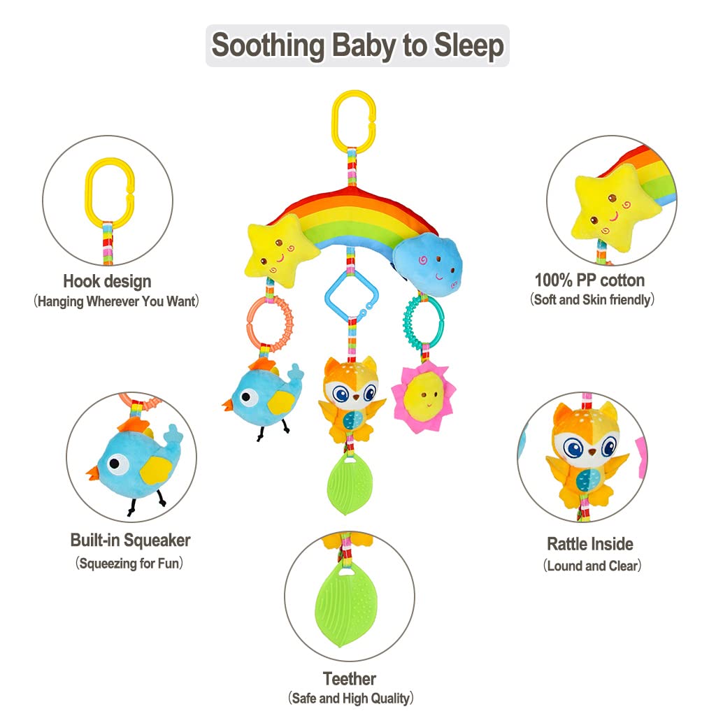 AIPINQI Baby Car Seat Stroller Toys, Hanging Plush Crib Toys Colorful Bell Soft Baby Sensory Rattles with Teether for Babies Boys and Girls 3 6 9 to 12 Months (Rainbow)