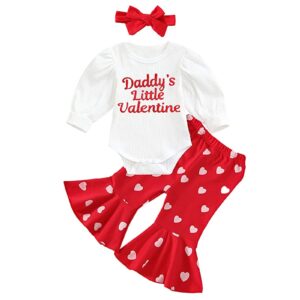 dcohmch 3pcs newborn infant baby girls valentine’s day outfits long sleeve ribbed bodysuit romper bell bottom pants headband