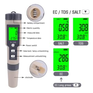 YINMIK Salt Water Tester, Digital Salinity Tester for Salt Water, 4 in 1 Salt/EC/TDS/Temp Meter, Large Range Multi-Parameter Tester for Seawater, Hydroponics, Pool, Aquarium, Fish Pond, Spa