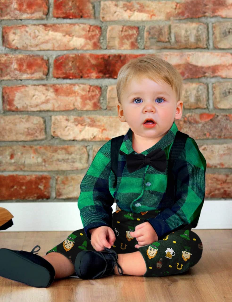 WIQI 6-12 Months Baby Boys My First St. Patrick's Day Outfit Infant Bowtie Bodysuit Pattern Suspender Pants Clothes Set