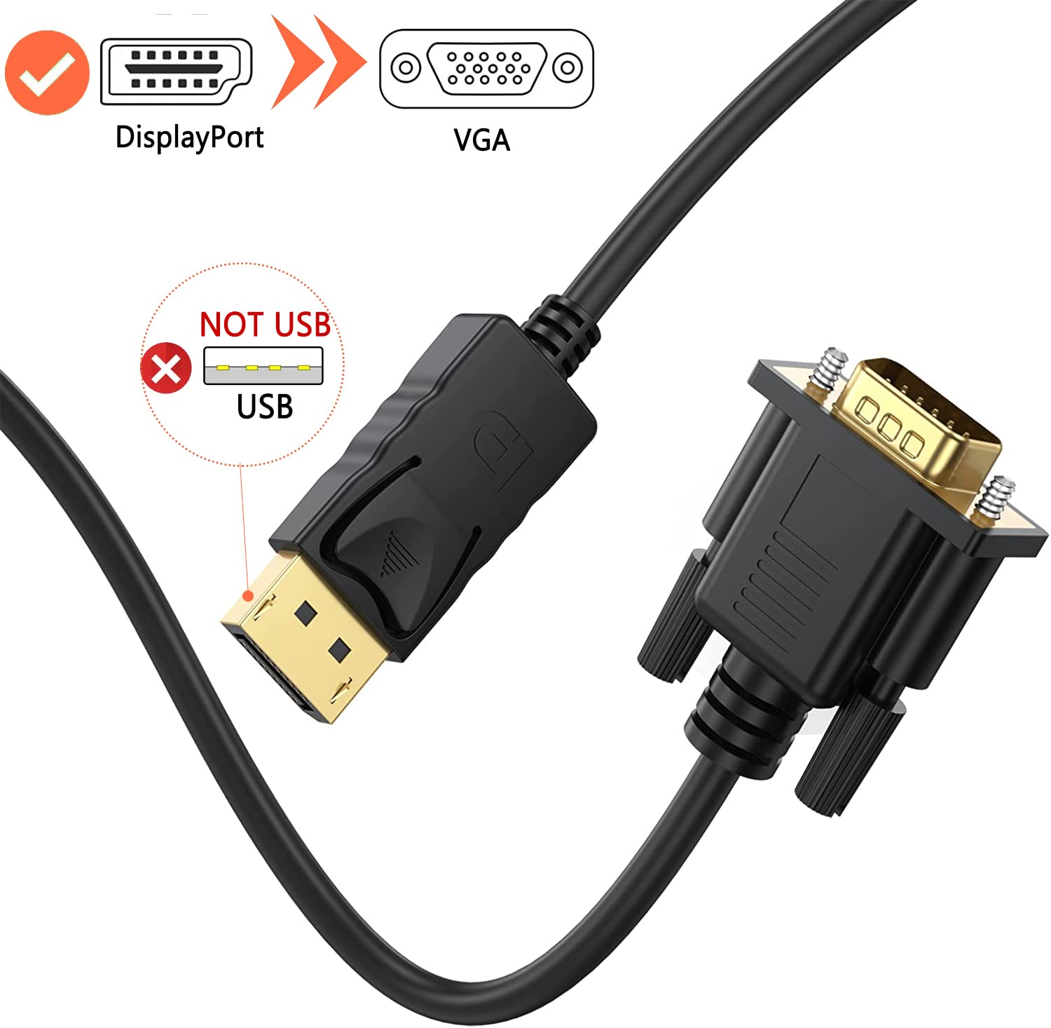 UV-CABLE DisplayPort to VGA Cable 5ft 2-Pack, Display Port DP to VGA Adapter Male to Male Gold-Plated for Computer, Laptop, TV, Projector-Not USB to VGA, Not HDMI to VGA