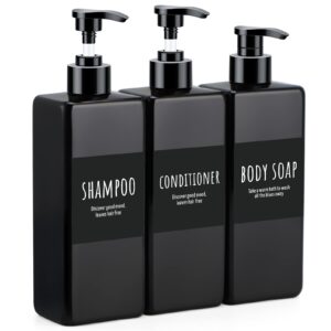 segbeauty shampoo and conditioner dispenser refillable, 3pcs 16.9oz shower bottles soap dispenser with labels, 500ml empty plastic square pump bottle dispenser body wash containers for bathroom black