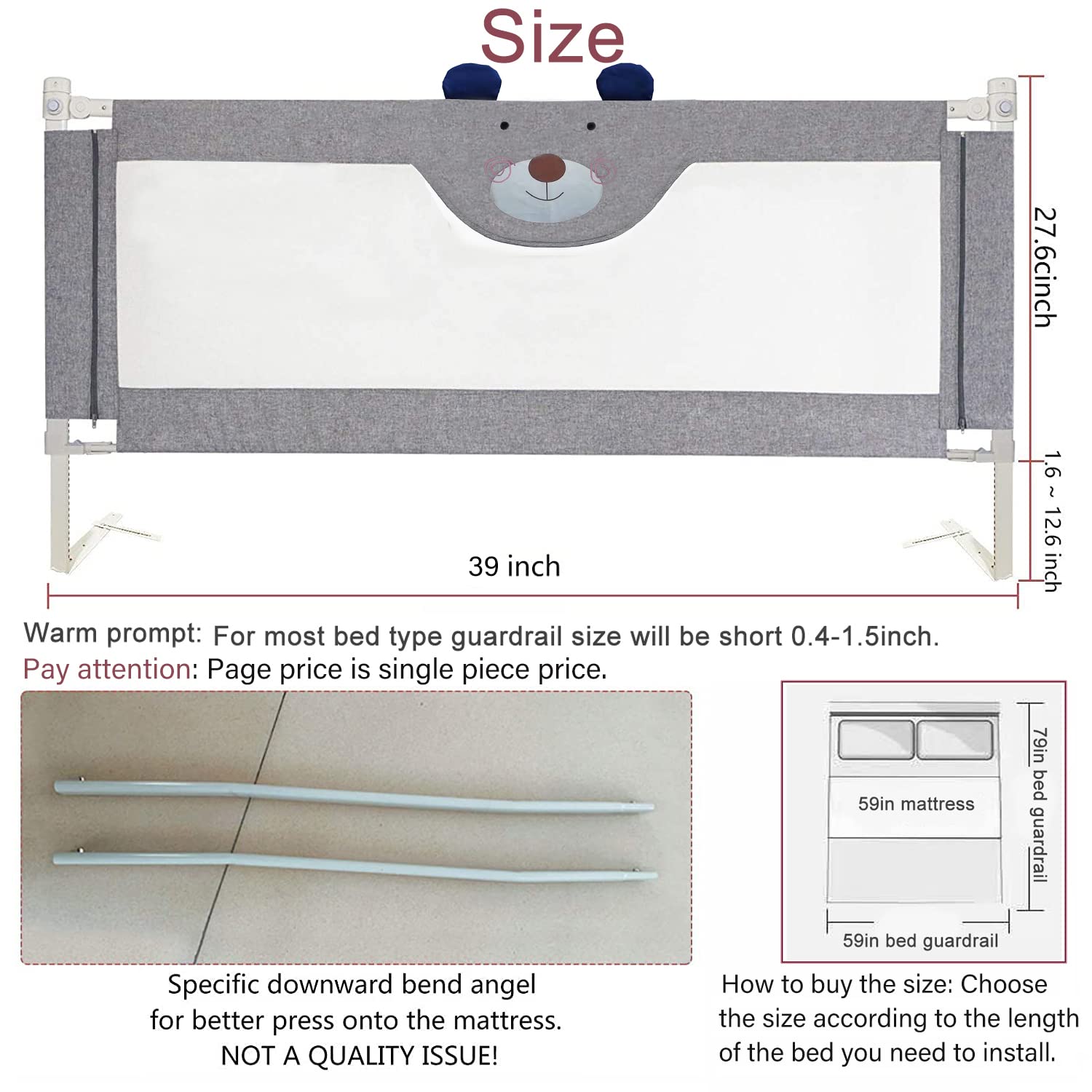 SYOO SINGYOO Bed Rails for Toddlers- New Upgraded Extra Long Bed Guardrail Full Size Baby Bedrail for Children Fit for Twin Queen & King Size Bed Mattress Cute Bear (one Side 39(L)*30(H)inch, Buck)