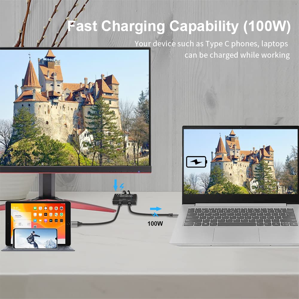 ConnBull USB-C Switch 2 in 1 Output Upgrade Version Supports 4K@120Hz 8K@30Hz Video / 10Gbps Data Transfer Compatible with Thunderbolt Device, Black