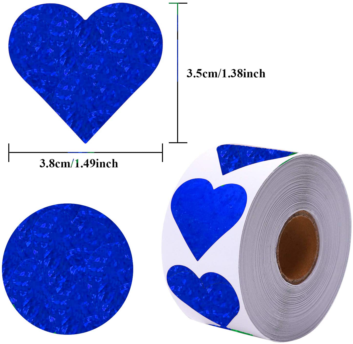 1.5" Glitter Blue Heart Stickers, Large Heart Labels Valentines Decor 500 per Roll, Valentine's Day Love Decorations for Wedding Anniversaries, Envelopes