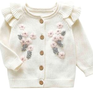 Miccina Infant Baby Boys Girls Cardigan Sweater Toddler Cable Knit Irish Sweater Button Up Jacket Christmas Outwear Clothes (A-Embroider, 6-12 Months)