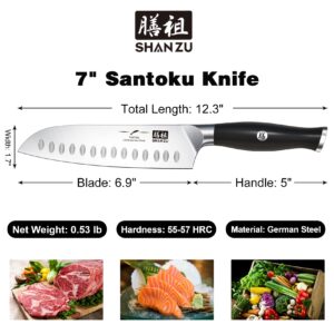 SHAN ZU Santoku Knife, Kitchen Knife 7 inch Japanese Chef Knife, High Carbon German Stainless Steel Chopping Knife with ABS Ergonomic Handle, Cooking Gifts