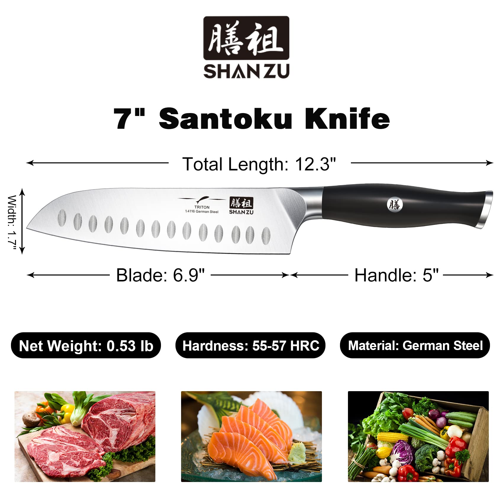 SHAN ZU Santoku Knife, Kitchen Knife 7 inch Japanese Chef Knife, High Carbon German Stainless Steel Chopping Knife with ABS Ergonomic Handle, Cooking Gifts