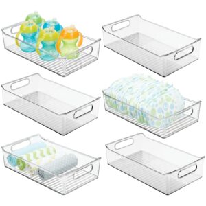 mdesign small plastic nursery storage container bins with handles for organization in pantry, cabinet, closet or cubby shelves - organizer for baby food, bibs, formula, and burp cloths - 6 pack, clear