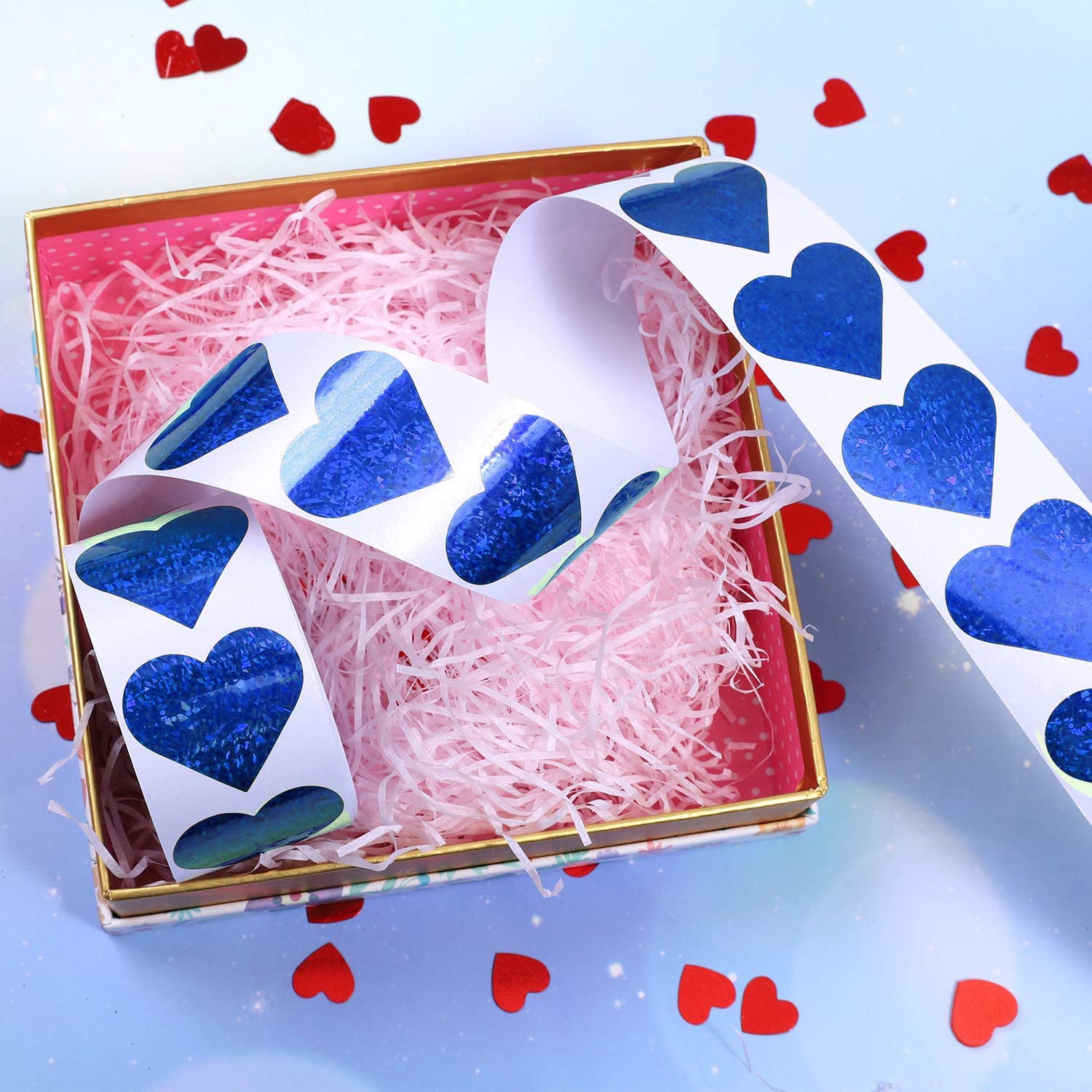 1.5" Glitter Blue Heart Stickers, Large Heart Labels Valentines Decor 500 per Roll, Valentine's Day Love Decorations for Wedding Anniversaries, Envelopes