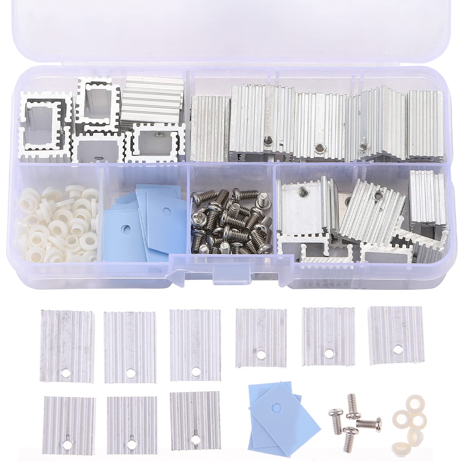 Jienk 30Pcs TO-220 Aluminum Heatsink & Insulator/Mounting Kits for MOSFET Transistor, 3 Different Size TO-220 Heatsink 10 Each+ 30 Screws + 30 Screw Washer +30 Insulator Rubberized Silicone