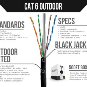 Voltive Cat6 Outdoor (CMX), 500ft, Black - UV Resistant - Solid Bare Copper Bulk Ethernet Cable - UTP - 600MHz - UL Certified & ETL Verified