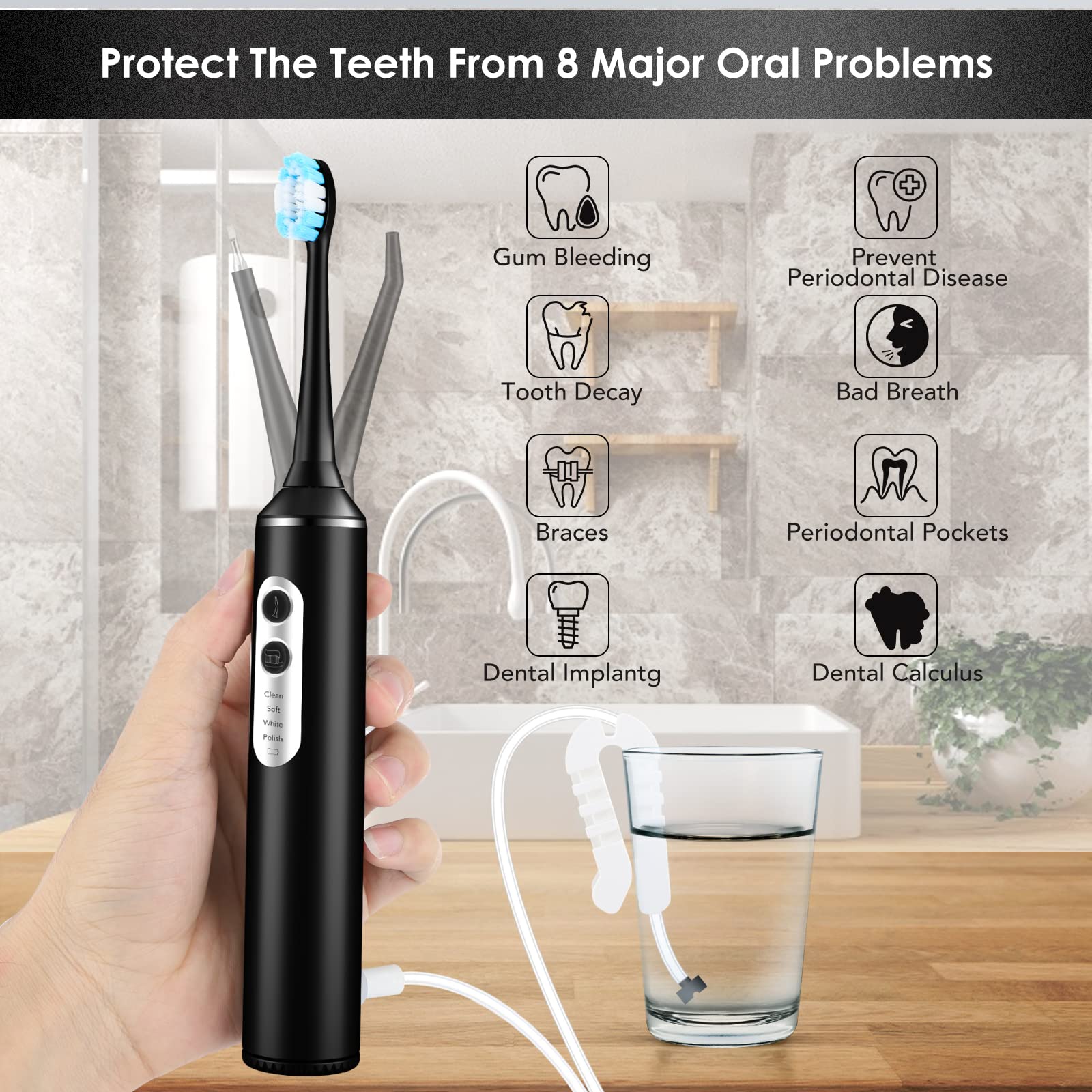 Electric Toothbrush with Water Flosser Combo, 3 in 1 Ultrasonic Toothbrush & Dental Oral Irrigator & Tooth Cleaner with 4 Modes, One Switch from Sonic Brushing to Water Flossing for Home Travel