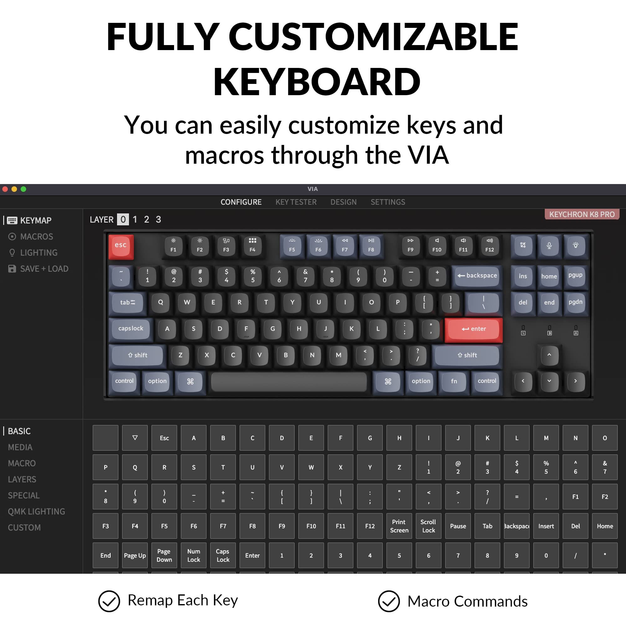 Keychron K8 Pro Wireless Custom Mechanical Keyboard, QMK/VIA Programmable Bluetooth/Wired White Backlight Tenkeyless with Hot-swappable Gateron G Pro Red Switch Compatible with Mac Windows Linux