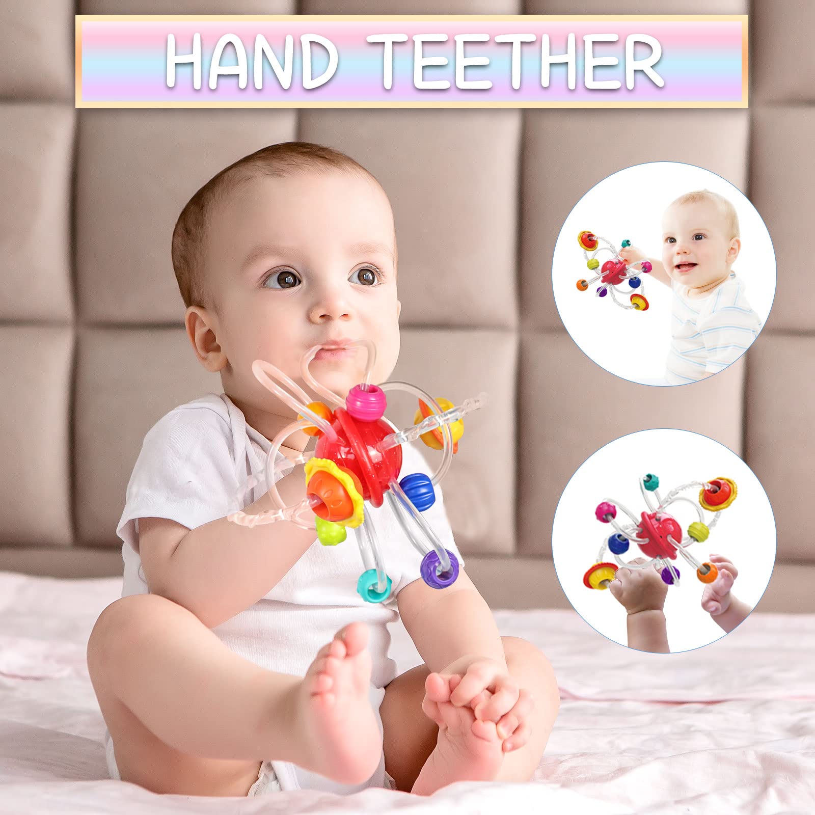 Baby Teething Toys for Babies 6-12-18 Months Textured Planet Hand Catching Ball Hand Teether Baby Rattle Toy 6 to 12 Month Multi Sensory Learning Infant Loop Toy Ball Baby Girl Boy Gift Grasp Chew Toy