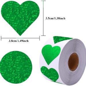 1.5" Glitter Green Heart Stickers, Large Heart Labels Valentines Decor 500 per Roll, St. Patricks Day Decorations for Kids Envelopes