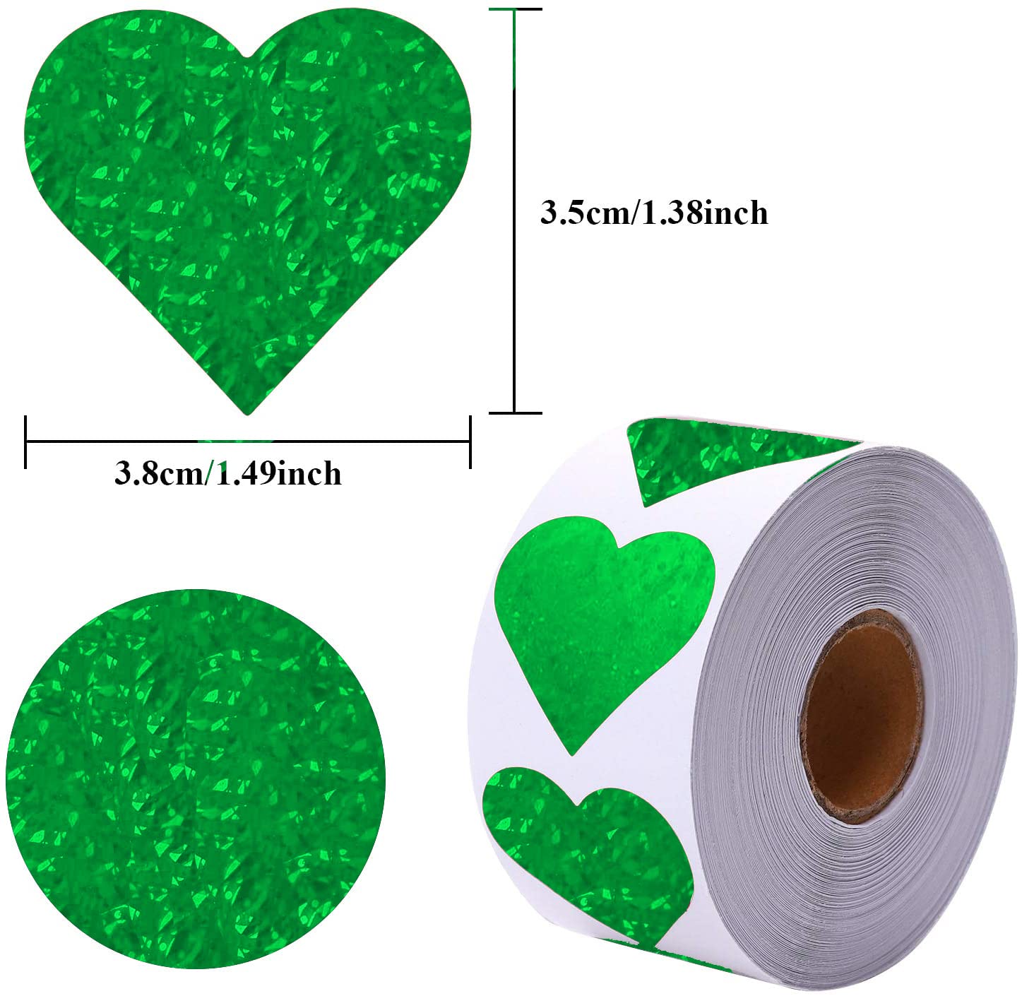 1.5" Glitter Green Heart Stickers, Large Heart Labels Valentines Decor 500 per Roll, St. Patricks Day Decorations for Kids Envelopes