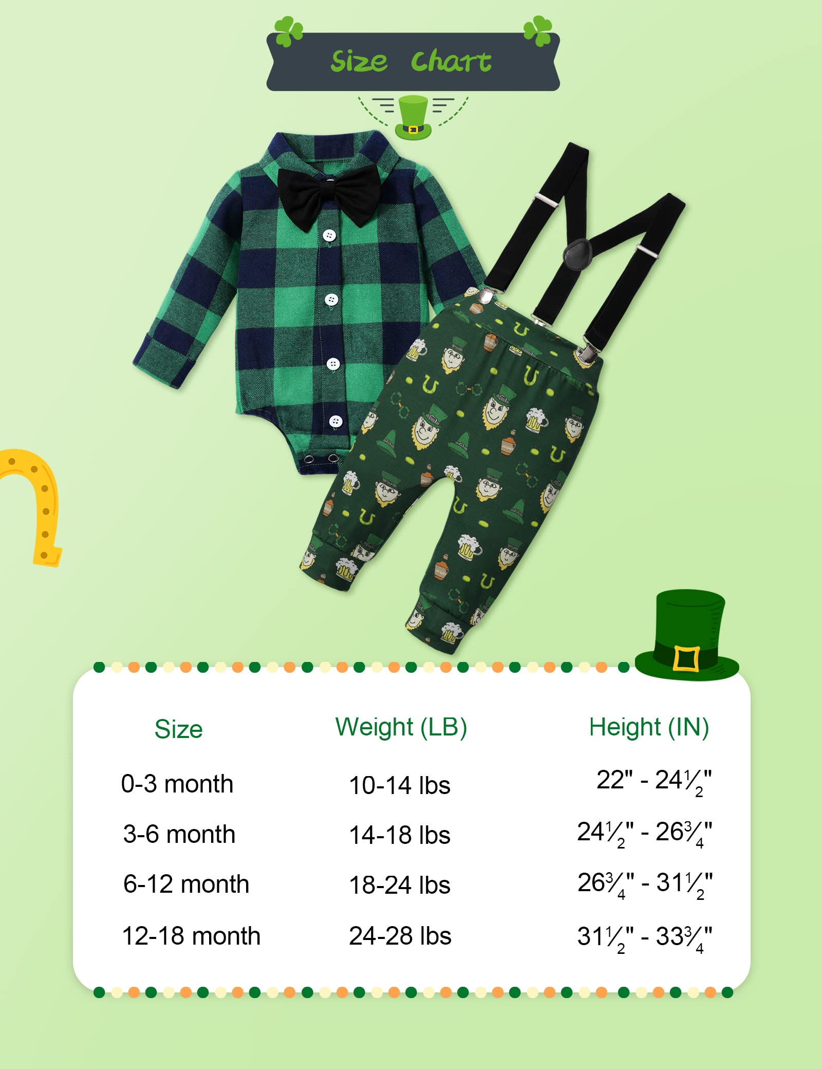 WIQI 6-12 Months Baby Boys My First St. Patrick's Day Outfit Infant Bowtie Bodysuit Pattern Suspender Pants Clothes Set