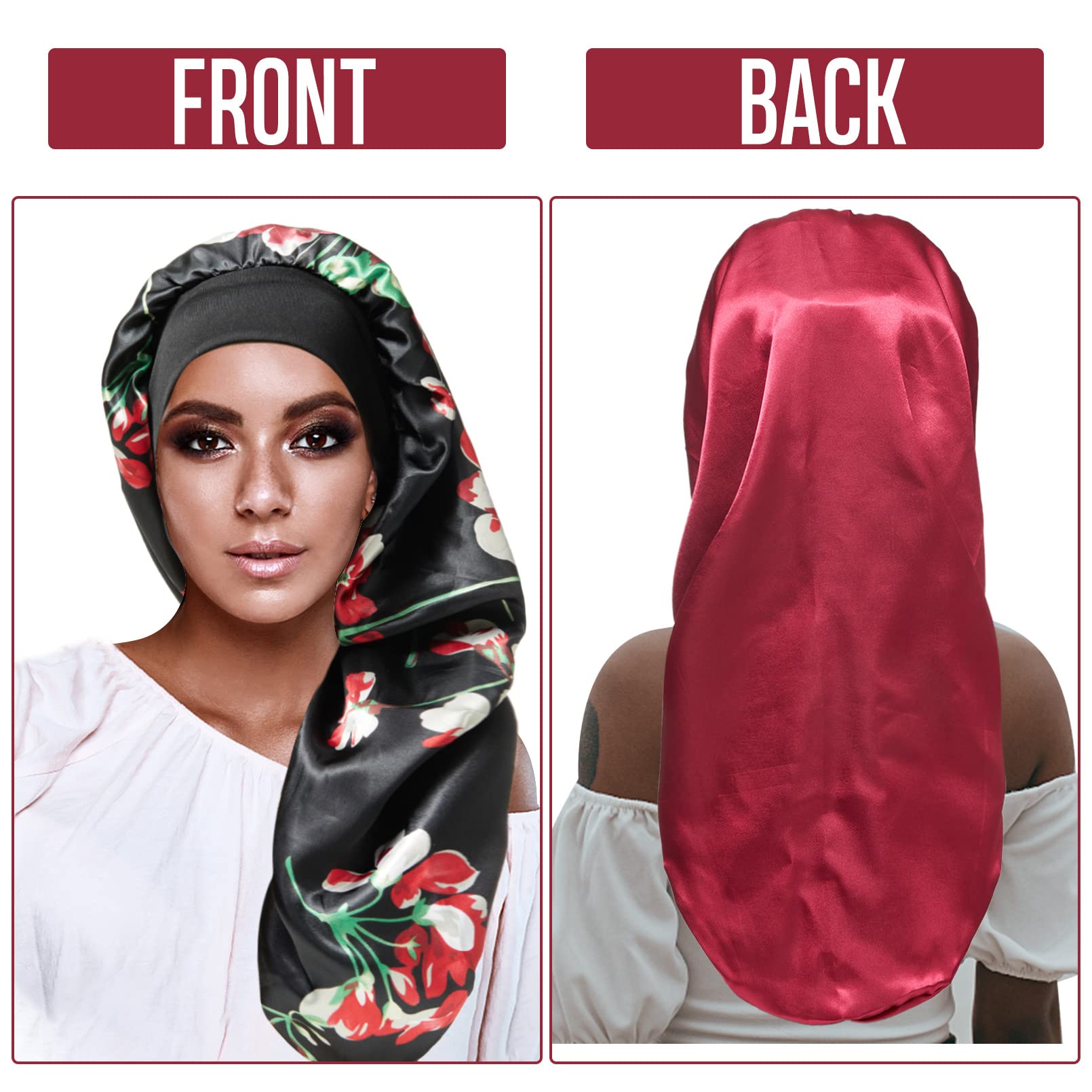 4PCS Long Satin Bonnet Sleep Cap,Black Extra Large Silk Bonnet for Natural Hair, Bonnets for Women Night Sleep,Wide Elastic Band, Very Soft & Comfortable (Black,Red,Leopard,Floral)