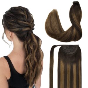 doores hair extensions ponytail extensions human hair balayage dark brown to chestnut brown 18 inch 80g wrap around ponytail remy hair extensions clip in straight with magic paste heat resistant