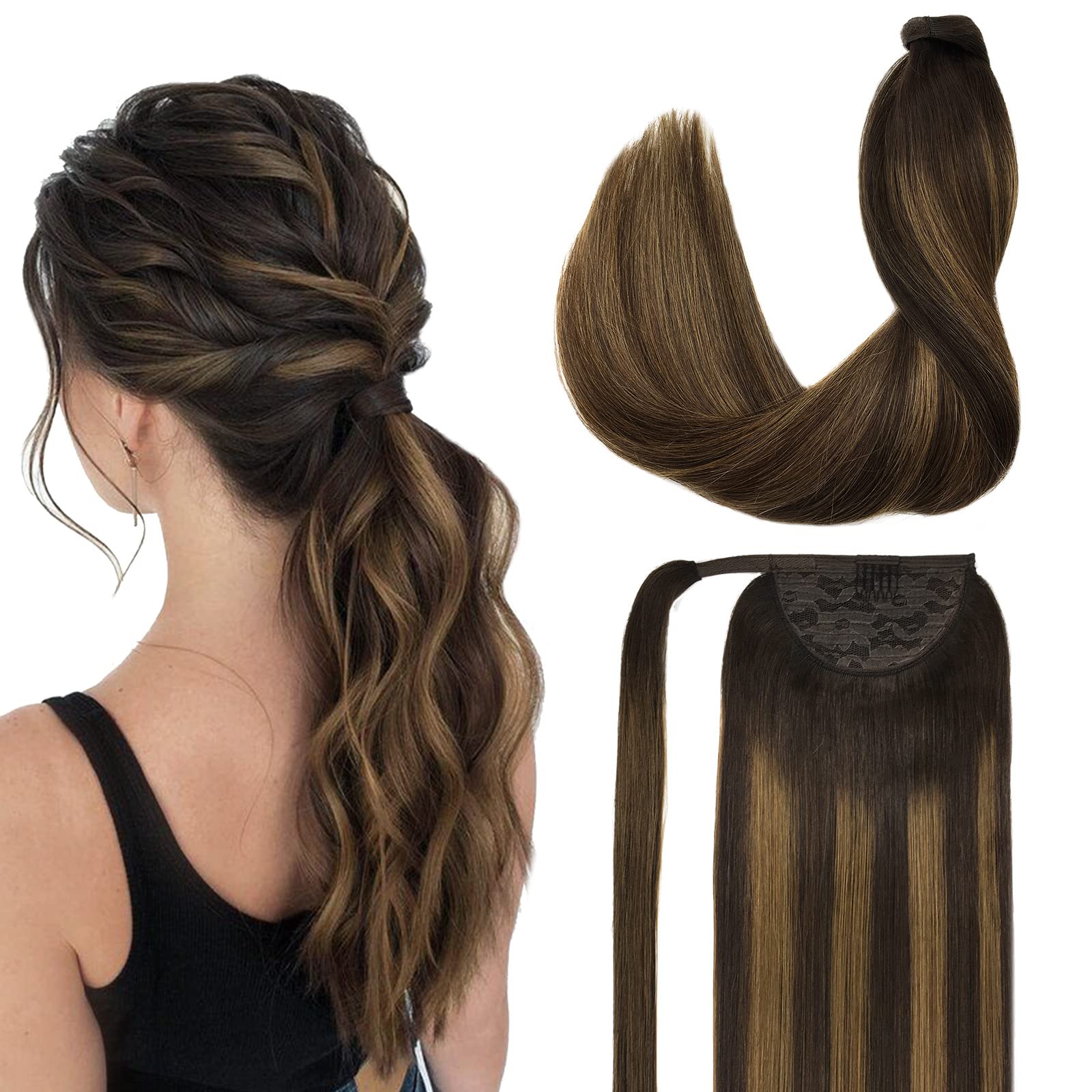 DOORES Hair Extensions Ponytail Extensions Human Hair Balayage Dark Brown to Chestnut Brown 18 Inch 80g Wrap Around Ponytail Remy Hair Extensions Clip in Straight with Magic Paste Heat Resistant