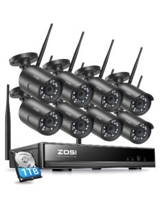 zosi 2k 3mp wireless security camera system, h.265+ 8 channel cctv nvr with 1tb hard drive for 24/7 recording and 8 x 3mp wifi ip camera outdoor indoor, night vision, motion alert, remote control