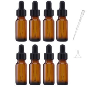 8pack 1/2oz amber glass dropper bottle with glass pipette eye dropper bottles refillable for essential oil, liquid aromatherapy fragrance colognes & perfumes[free a dropper and a funnel] (1/2oz)