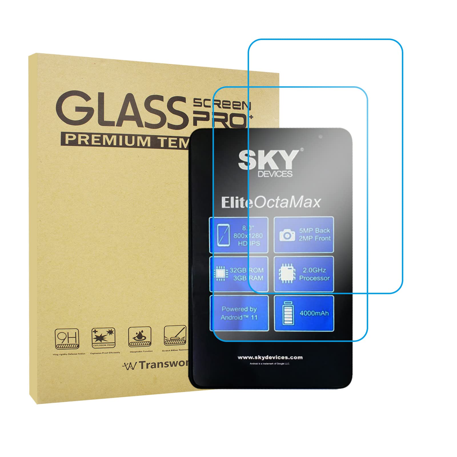 Transwon SKY Elite OctaMax Tablet Screen Protector, 2PCS Tempered Glass Screen Protector for SKY Devices Elite OctaMax Tablet 8 Inch