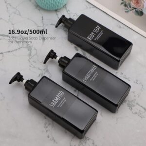 Segbeauty Shampoo and Conditioner Dispenser Refillable, 3pcs 16.9oz Shower Bottles Soap Dispenser with Labels, 500ml Empty Plastic Square Pump Bottle Dispenser Body Wash Containers for Bathroom Black