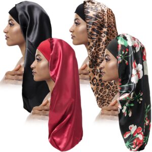 4pcs long satin bonnet sleep cap,black extra large silk bonnet for natural hair, bonnets for women night sleep,wide elastic band, very soft & comfortable (black,red,leopard,floral)