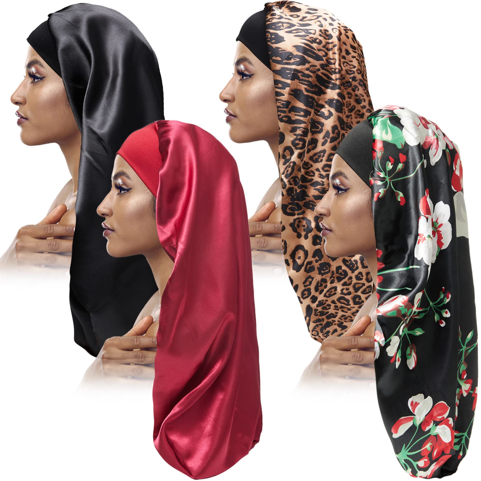 4PCS Long Satin Bonnet Sleep Cap,Black Extra Large Silk Bonnet for Natural Hair, Bonnets for Women Night Sleep,Wide Elastic Band, Very Soft & Comfortable (Black,Red,Leopard,Floral)