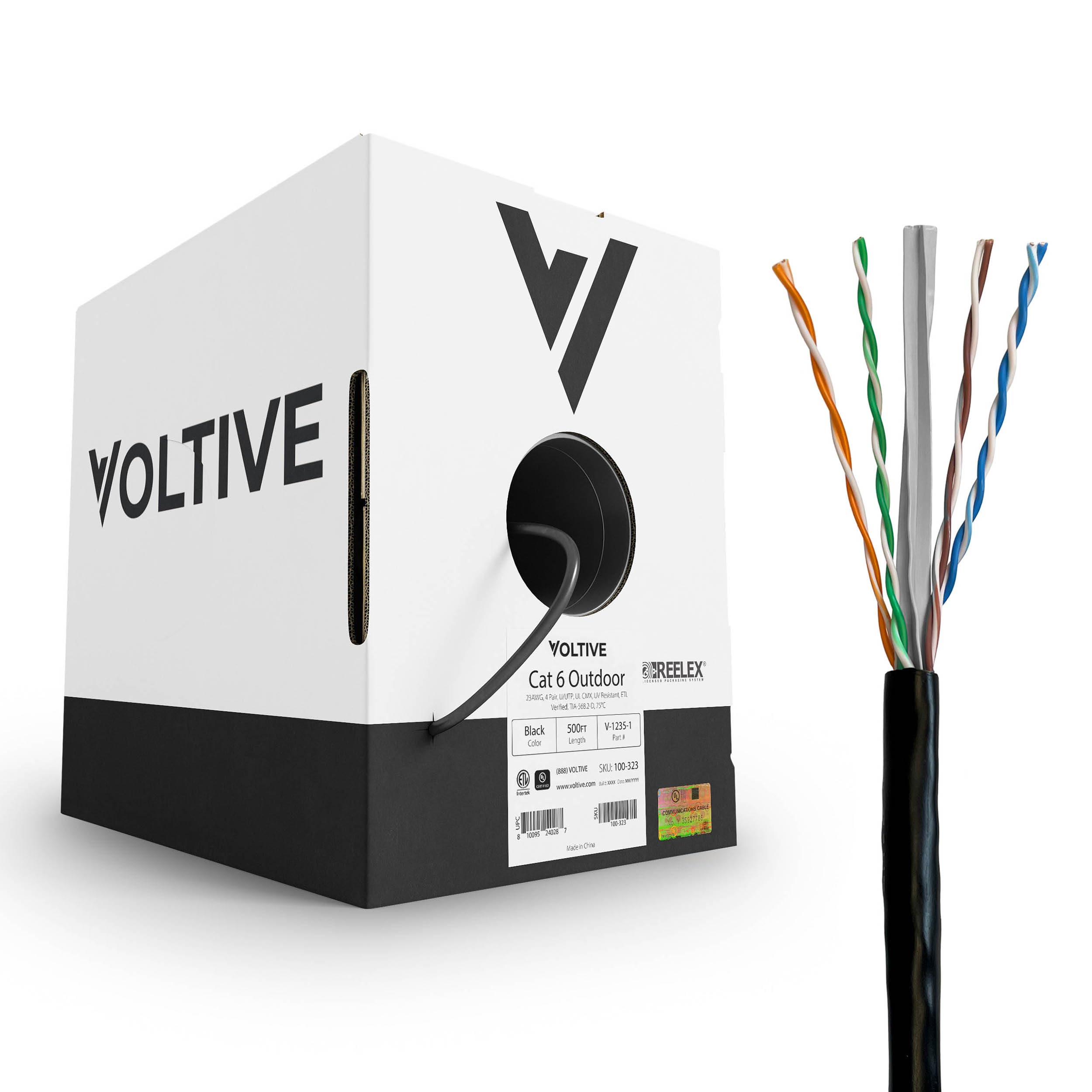 Voltive Cat6 Outdoor (CMX), 500ft, Black - UV Resistant - Solid Bare Copper Bulk Ethernet Cable - UTP - 600MHz - UL Certified & ETL Verified