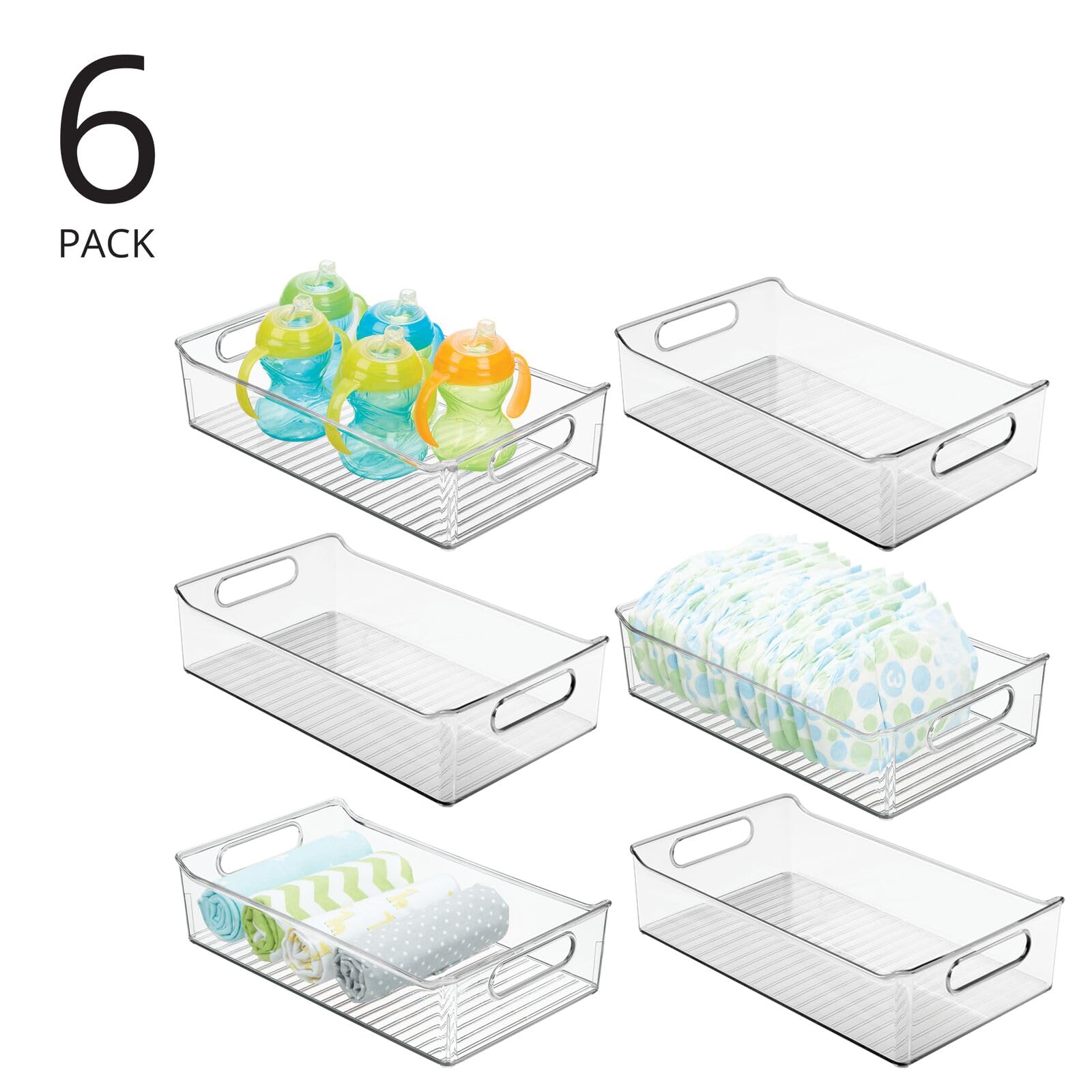 mDesign Small Plastic Nursery Storage Container Bins with Handles for Organization in Pantry, Cabinet, Closet or Cubby Shelves - Organizer for Baby Food, Bibs, Formula, and Burp Cloths - 6 Pack, Clear