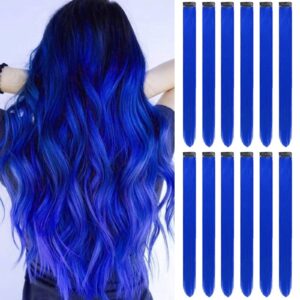 gpovvimx 12 pcs blue hair extensions clip in, colored party highlights extension for kids girls synthetic hairpiece straight 22 inch