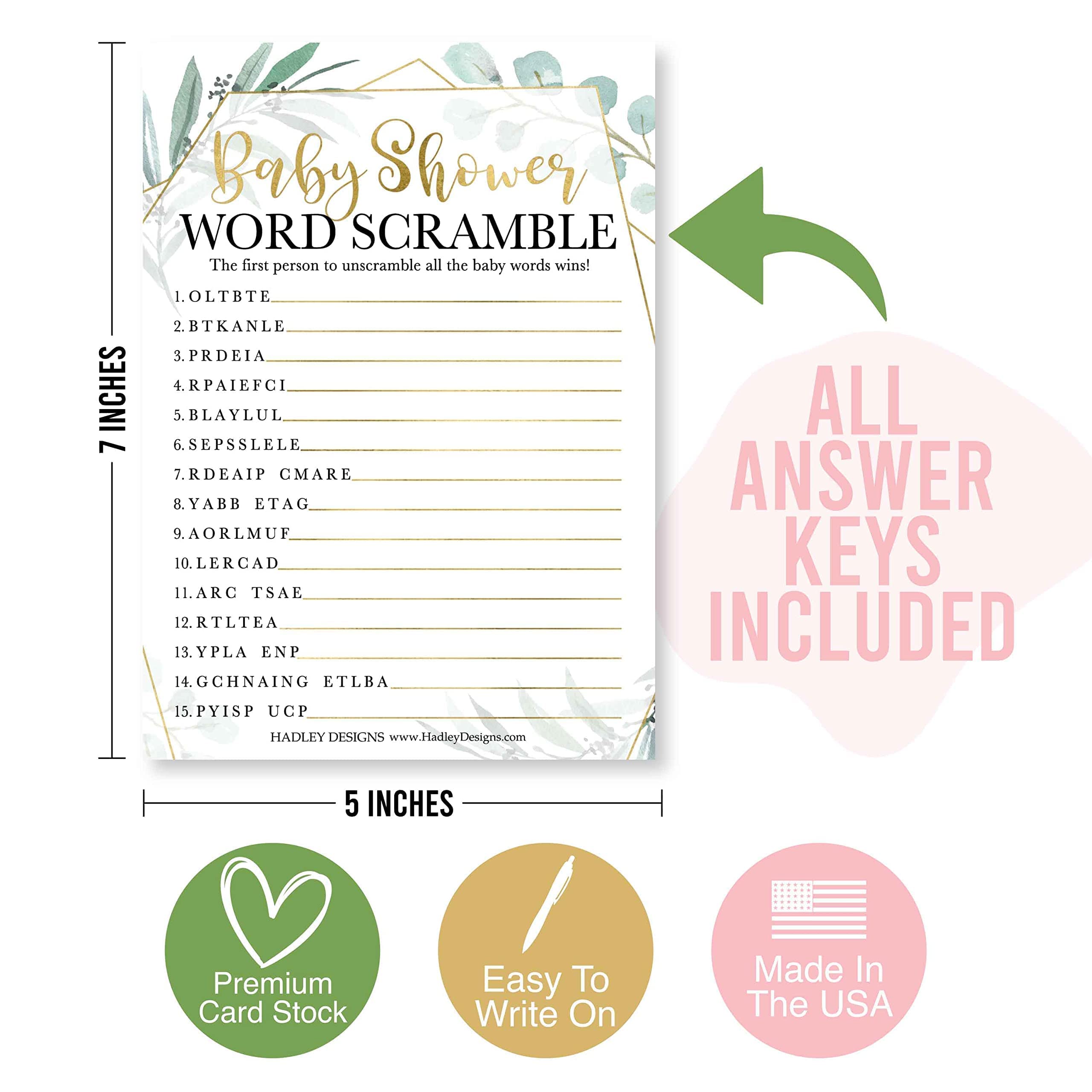 25 Greenery Word Scramble For Baby Shower, 25 True Or False Game, 25 Baby Animal Matching, 25 Nursery Rhyme Game - 4 Double Sided Cards Baby Shower Ideas, Baby Shower Party Supplies