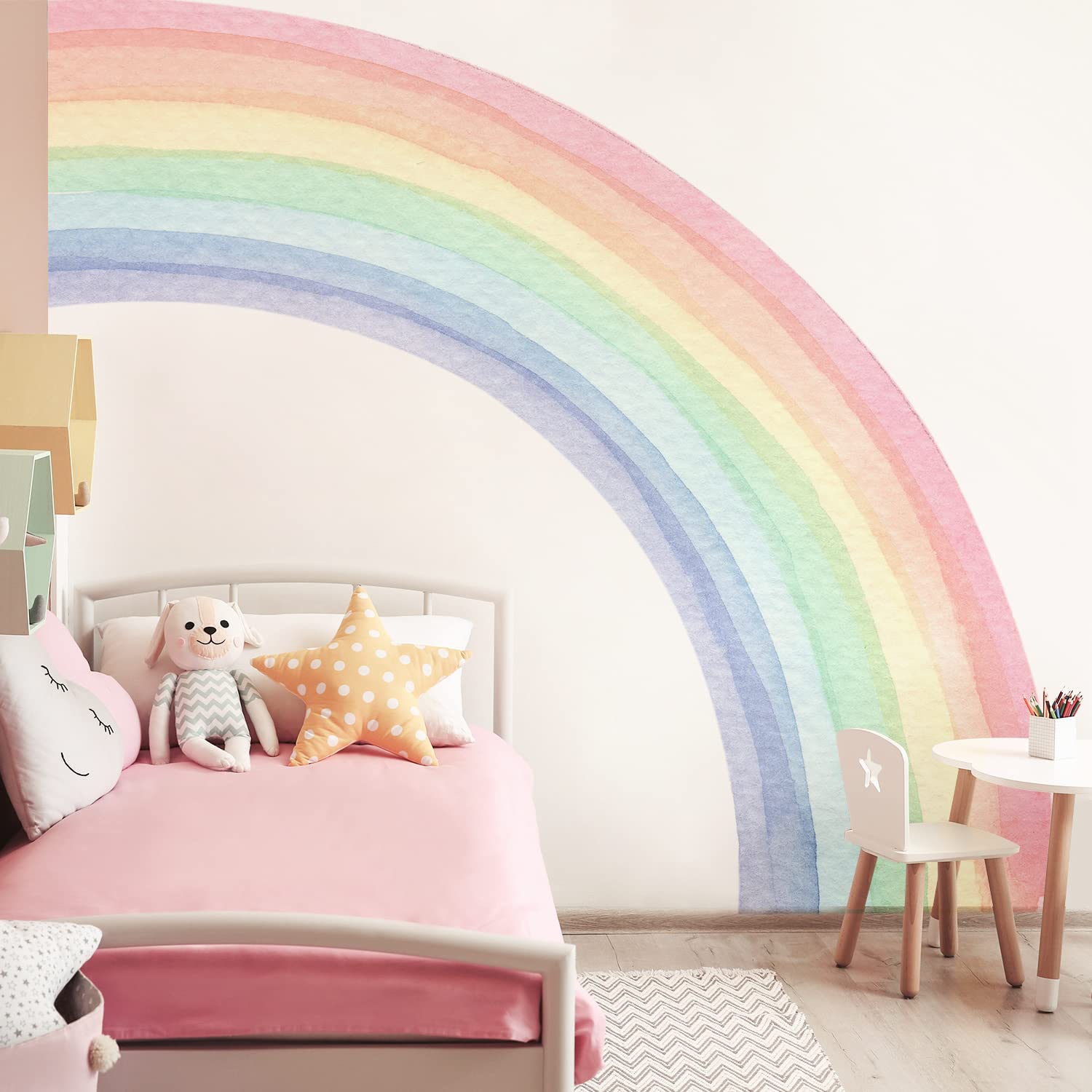 funlife Fabric Peel and Stick Large Rainbow Wall Mural Stickers for Girls, Precut Pastel Half Watercolor Rainbow Wall Sticker Decals for Kids Bedroom Living Room Playroom, 78.74" x 70.87"