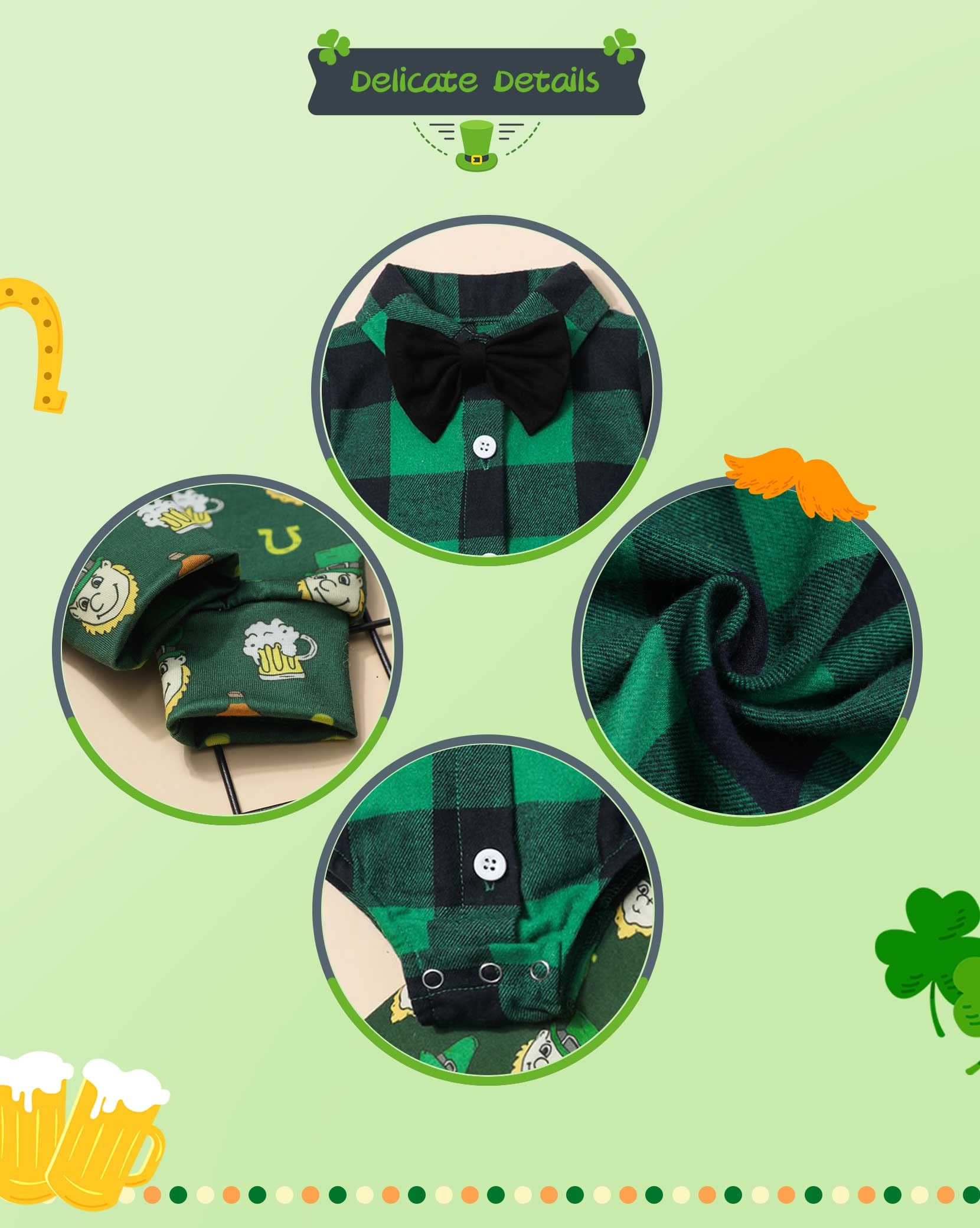 WIQI 6-12 Months Baby Boys My First St. Patrick's Day Outfit Infant Bowtie Bodysuit Pattern Suspender Pants Clothes Set