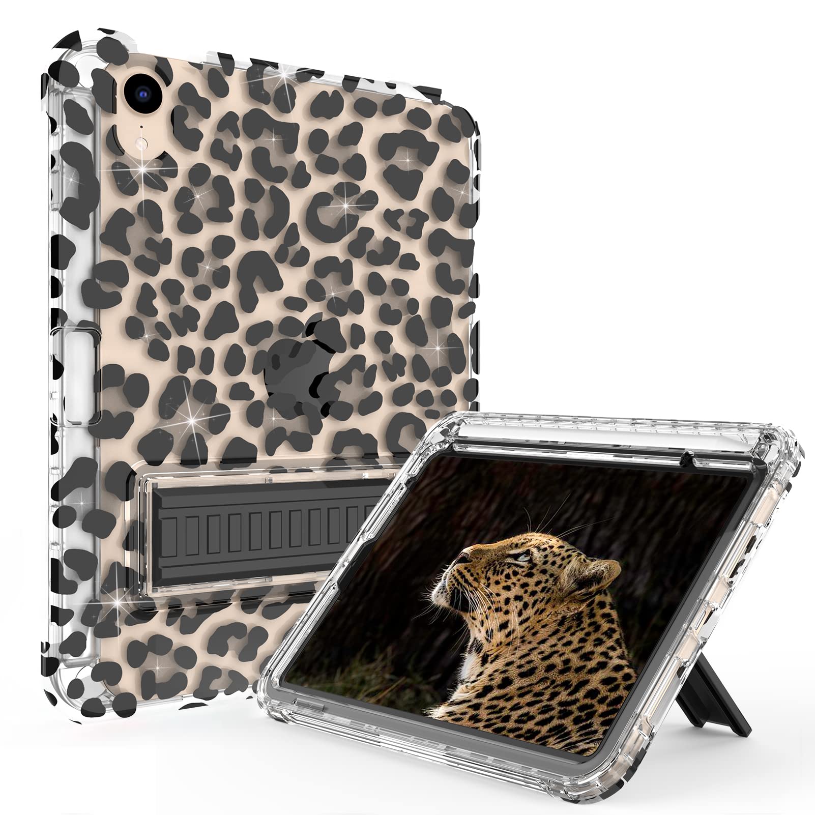 Rantice Case for iPad Mini 6 2021, iPad Mini 7 (A17 Pro) 2024 Case with Pencil Holder and Kickstand for Women Girl Kids, Slim Shockproof Clear Transparent Cover for iPad Mini 8.3 inch (Black Leopard)