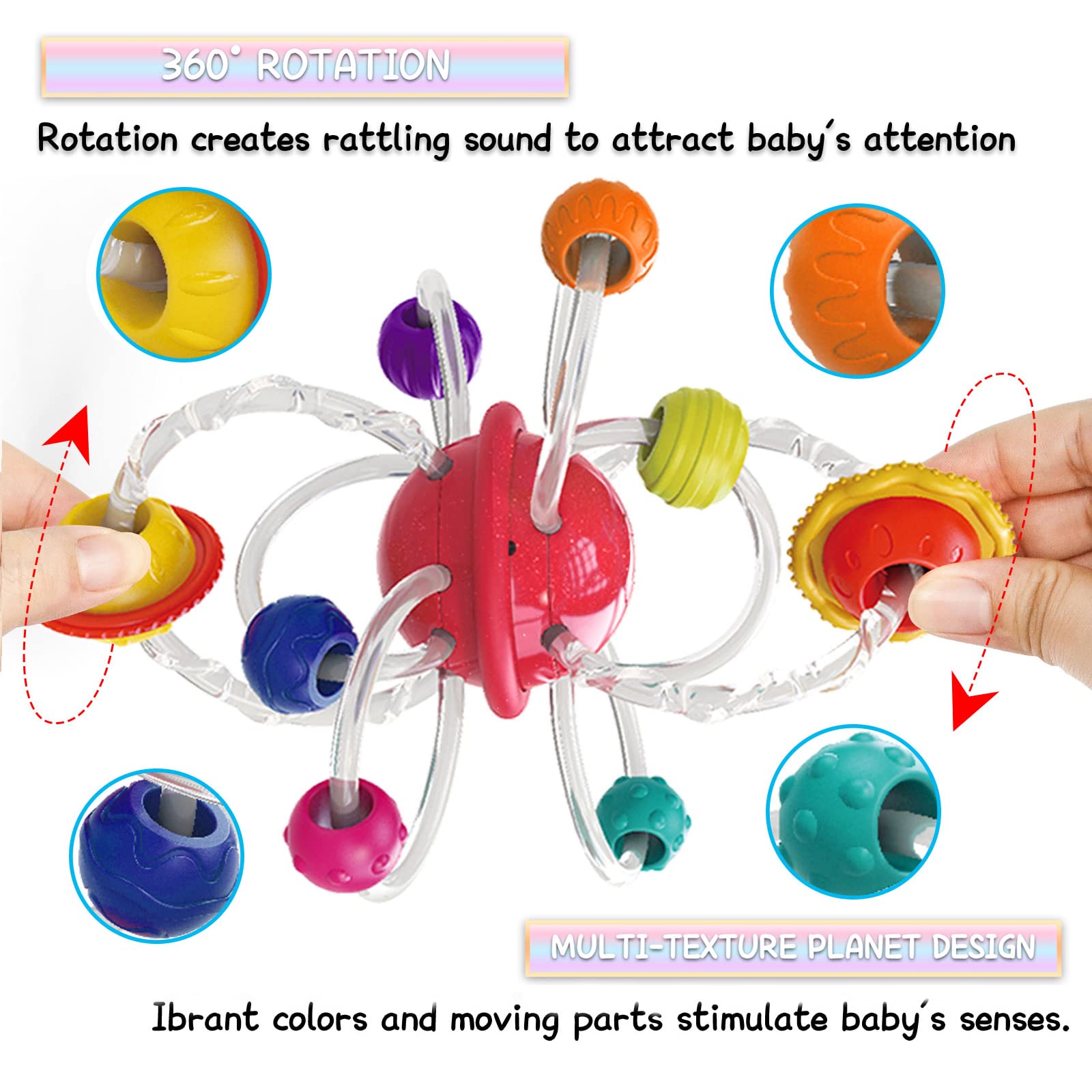 Baby Teething Toys for Babies 6-12-18 Months Textured Planet Hand Catching Ball Hand Teether Baby Rattle Toy 6 to 12 Month Multi Sensory Learning Infant Loop Toy Ball Baby Girl Boy Gift Grasp Chew Toy