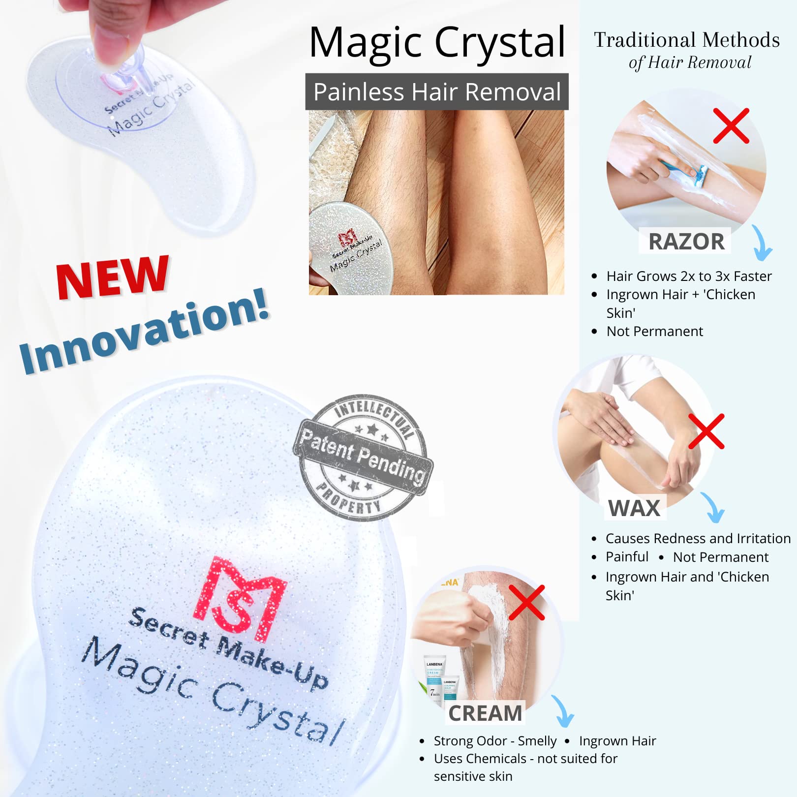 Magic Crystal Painless Hair Remover for Men and Women (New Technology) Fast & Easy - Soft Smooth Silky Skin, Clear Glitter