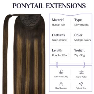 DOORES Hair Extensions Ponytail Extensions Human Hair Balayage Dark Brown to Chestnut Brown 18 Inch 80g Wrap Around Ponytail Remy Hair Extensions Clip in Straight with Magic Paste Heat Resistant