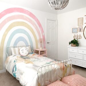 funlife fabric large rainbow wall mural stickers peel and stick, precut watercolor pastel rainbow wall decals for girls bedroom, rainbow wall art decor for kids nursery room playroom, 94.49" x 82.68"