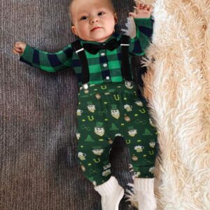 WIQI 6-12 Months Baby Boys My First St. Patrick's Day Outfit Infant Bowtie Bodysuit Pattern Suspender Pants Clothes Set