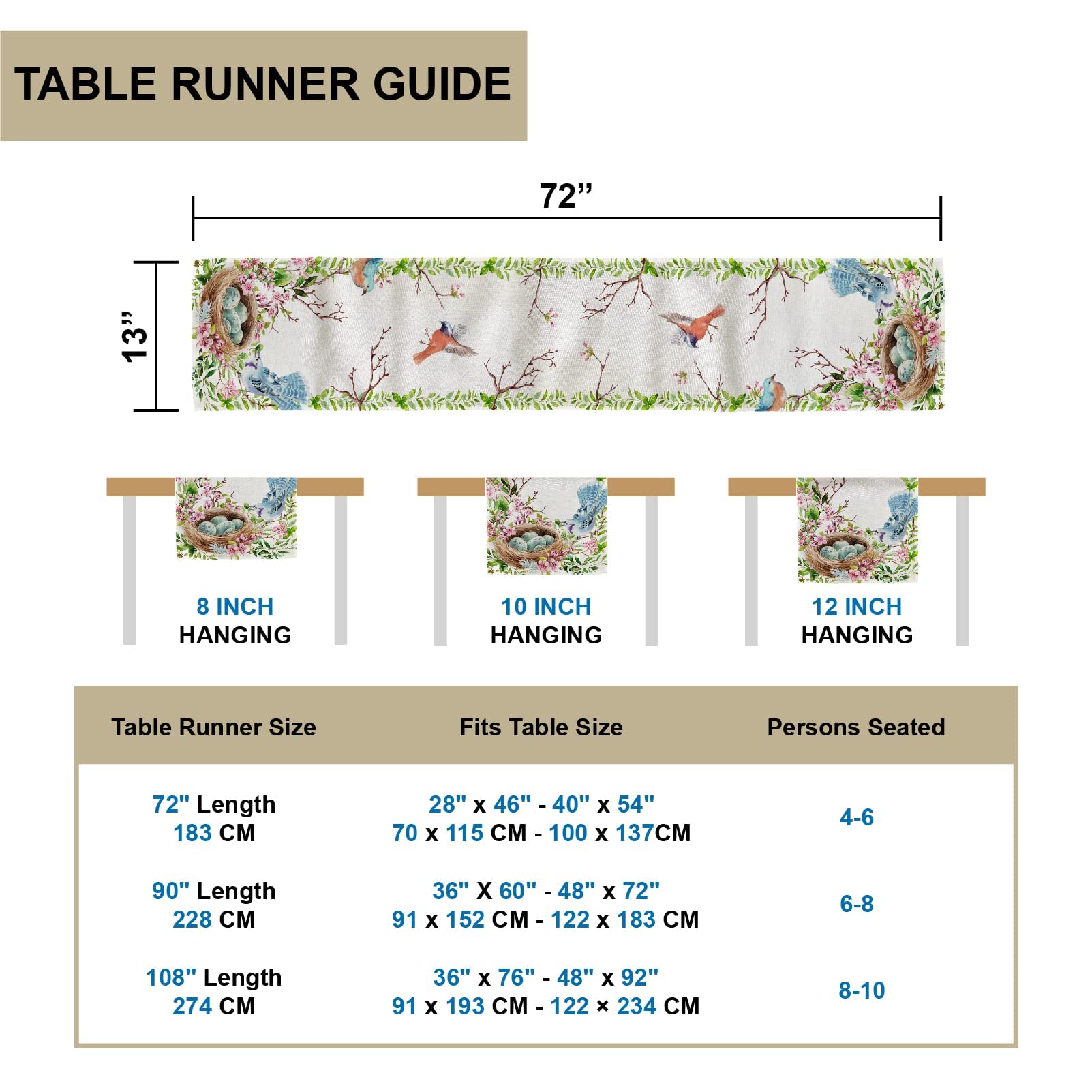 PROCIDA Floral Bird Spring Easter Table Runner, Summer Green Leaf Burlap Table Runner Farmhouse Seasonal Holiday Kitchen Dinning Table Decoration for Indoor Outdoor Home Party 13x72 Inch