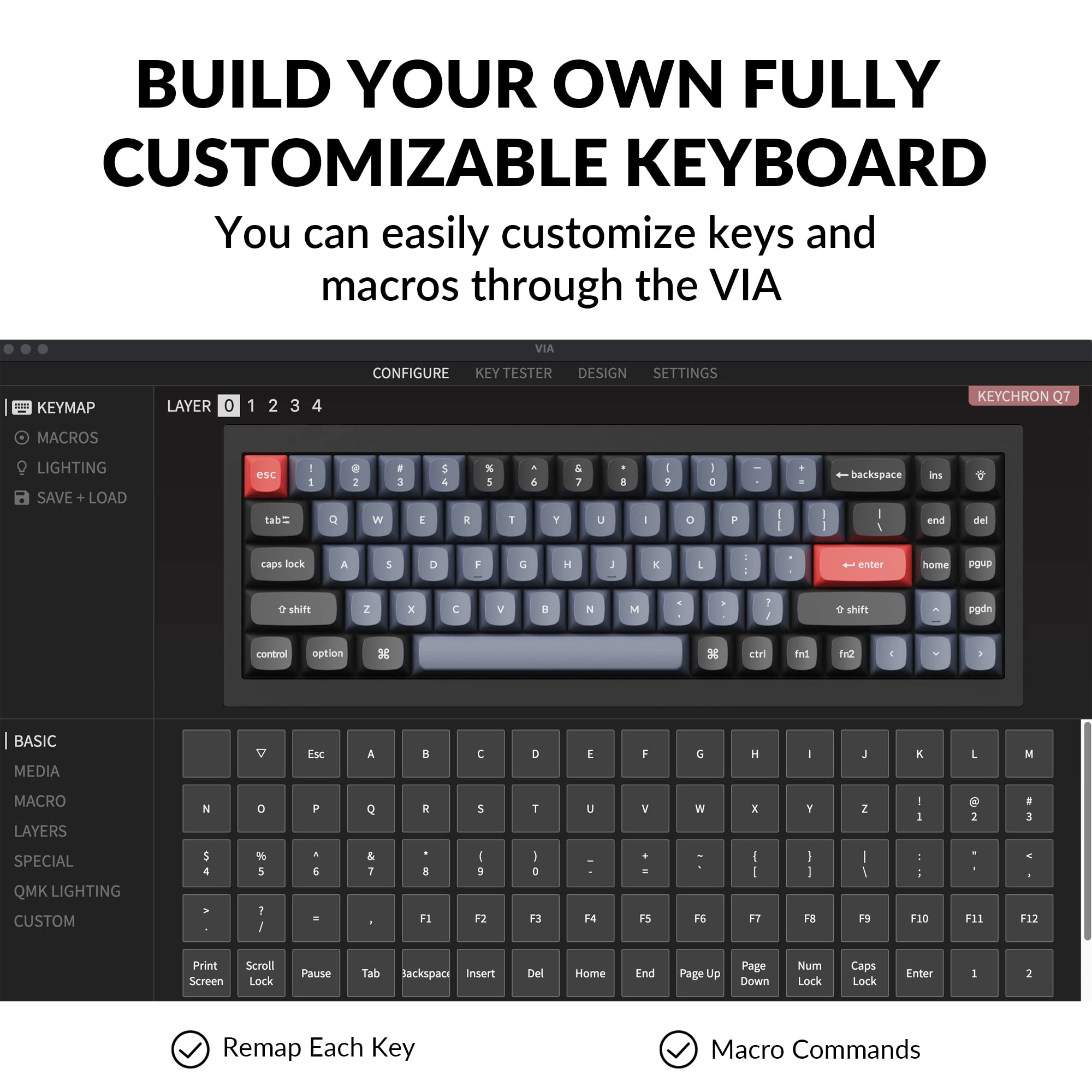 Keychron Q7 Wired Custom Mechanical Keyboard, 70% Layout QMK/VIA Programmable Macro with Hot-swappable Gateron G Pro Blue Switch Double Gasket Compatible with Mac Windows Linux (Black)