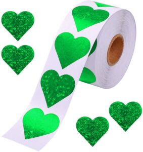 1.5" glitter green heart stickers, large heart labels valentines decor 500 per roll, st. patricks day decorations for kids envelopes