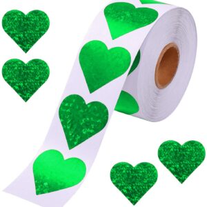 1.5" Glitter Green Heart Stickers, Large Heart Labels Valentines Decor 500 per Roll, St. Patricks Day Decorations for Kids Envelopes