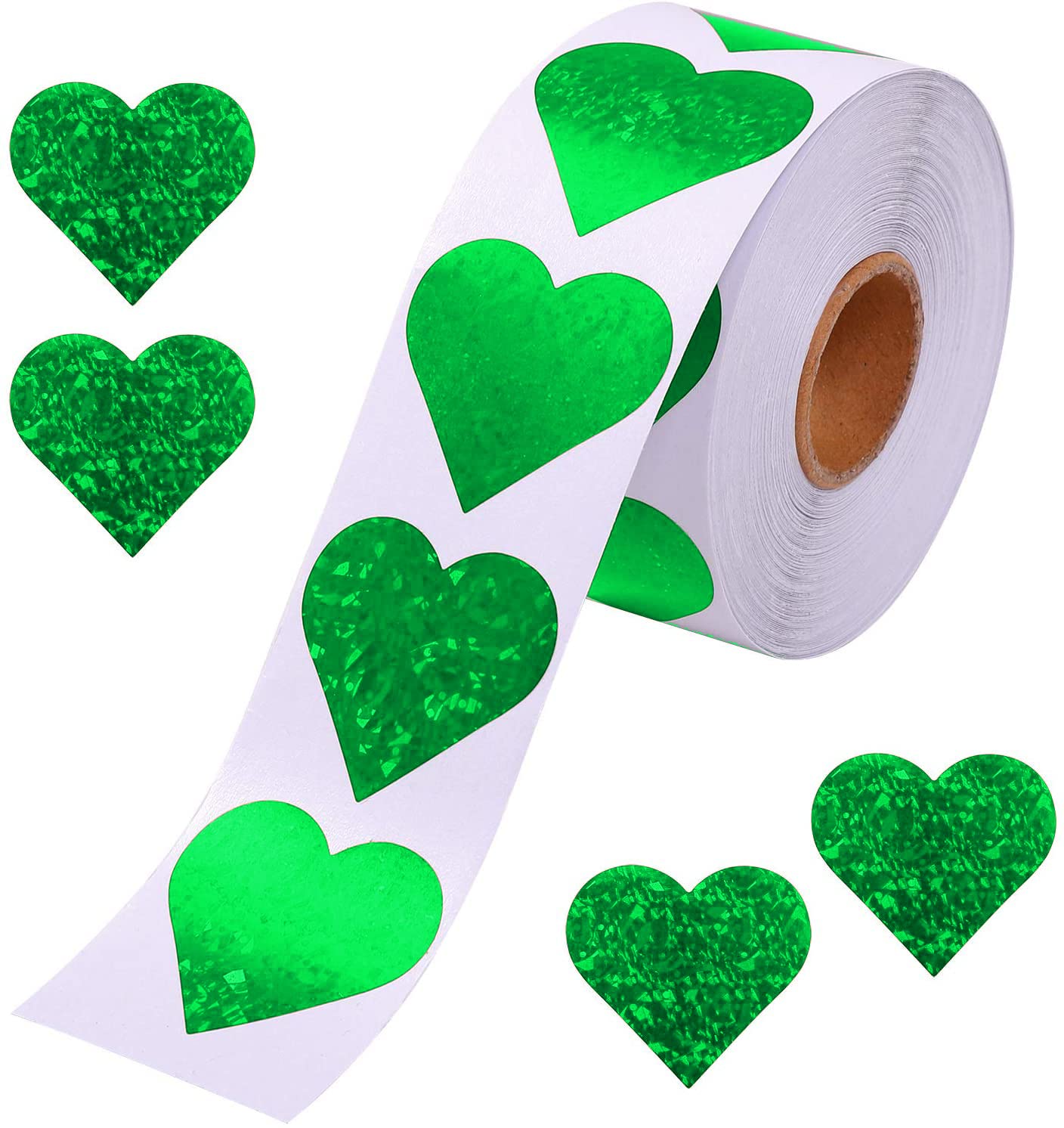 1.5" Glitter Green Heart Stickers, Large Heart Labels Valentines Decor 500 per Roll, St. Patricks Day Decorations for Kids Envelopes